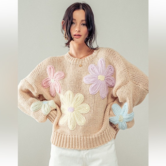Anthropologie | Sweaters | Beige Floral Embroidered Oversized Sweater ...